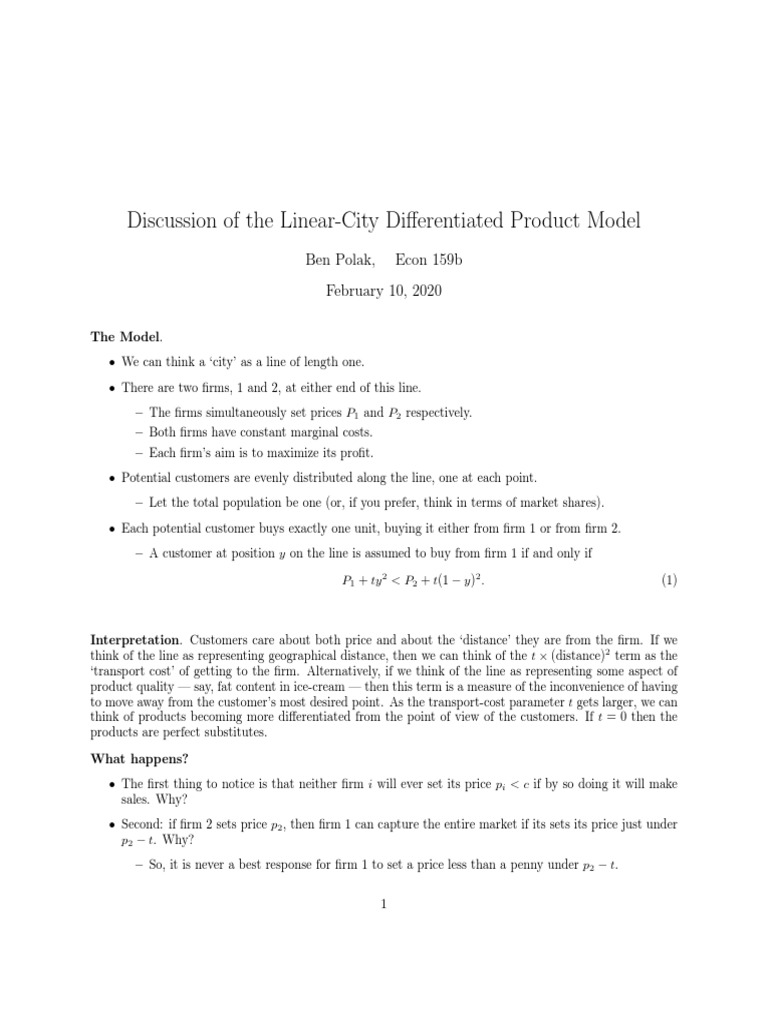 The Linear City Model PDF | Download Free PDF | Economic Equilibrium ...