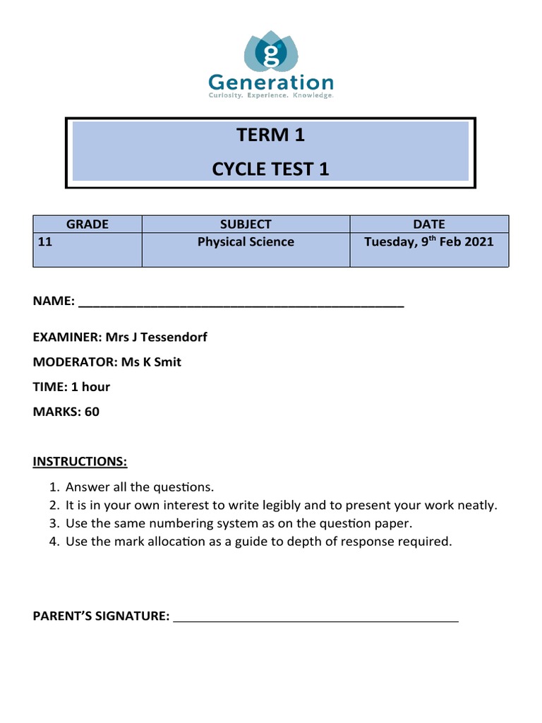 Term 1 Cycle Test 1: Grade Subject Date 11 Physical Science Tuesday, 9 ...