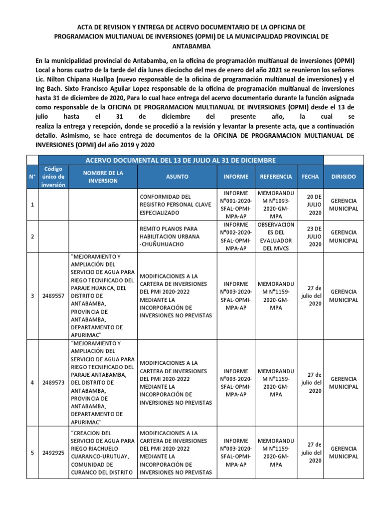 Acta de Entrega de Acervo Documentario Opmi | PDF | Business | Naturaleza
