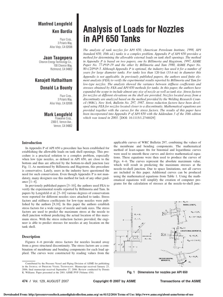 Analysis of Loads For Nozzles-API 650 Annex-P - Lengsfeld2007 | PDF ...