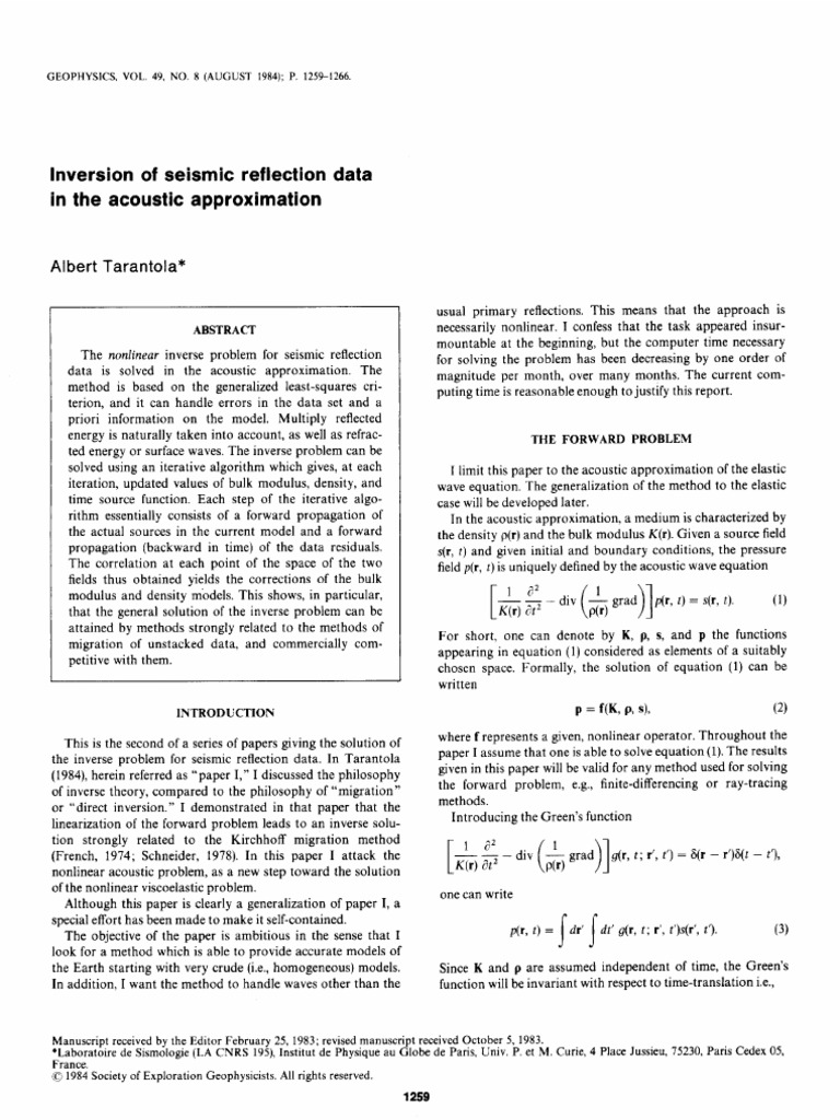 Tarantola - 1984 - Inversion of Seismic Reflection Data in The Acoustic Approximation | PDF ...