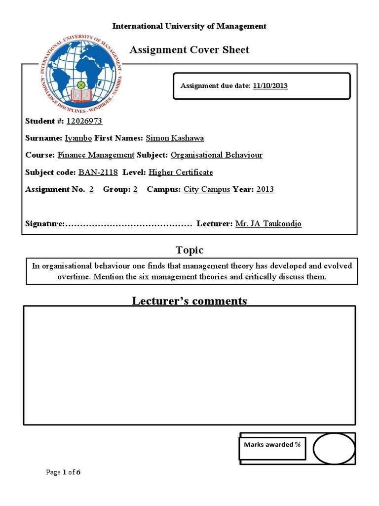 Assignment Cover Sheet: Lecturer's Comments | PDF | Organizational ...
