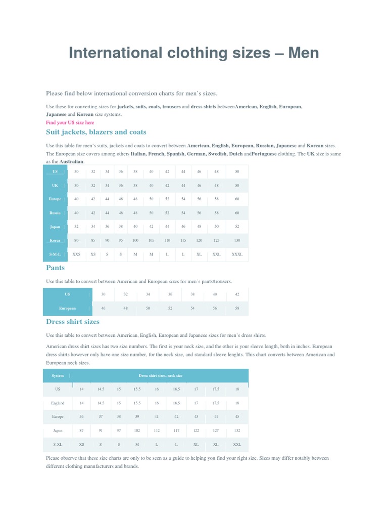 Men's International Size Conversion Guide | PDF | Trousers | Dress
