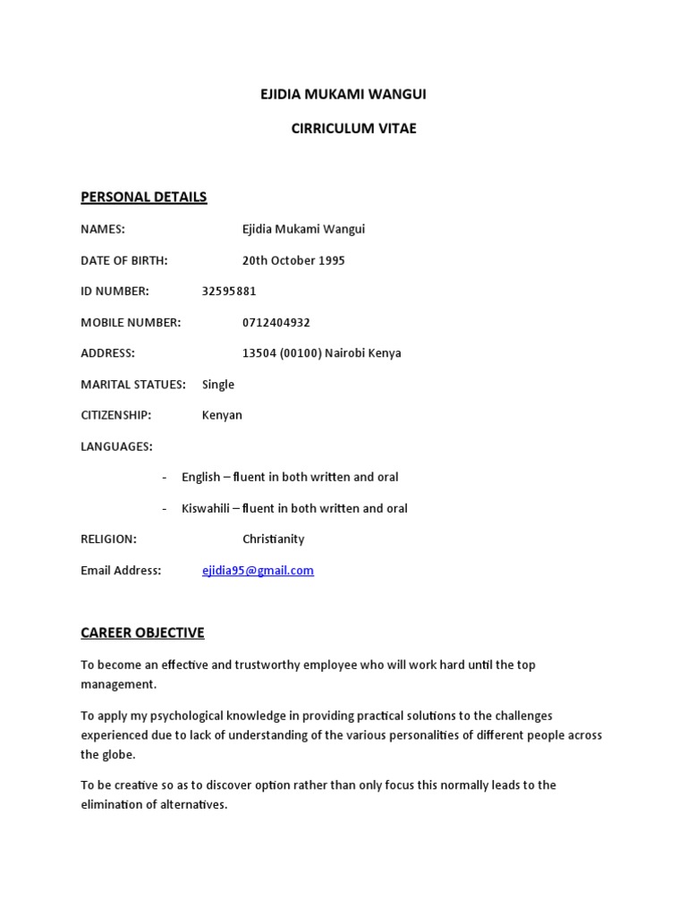Ejidia Mukami Wangui Cirriculum Vitae | PDF | Kenya | Primary Education