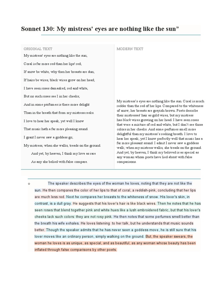 Sonnet 130 My Mistress Eyes | PDF | Sonnets | Shakespeare's Sonnets
