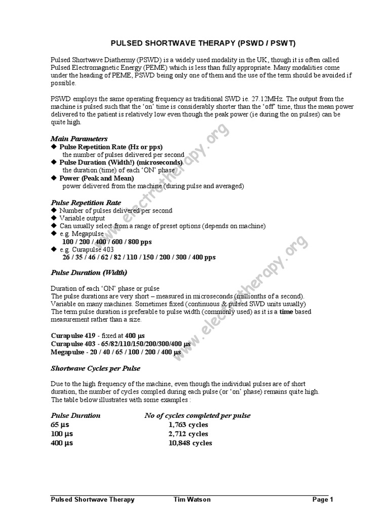 Er Ap Y.O RG: Pulsed Shortwave Therapy (PSWD / PSWT) | PDF | Membrane ...