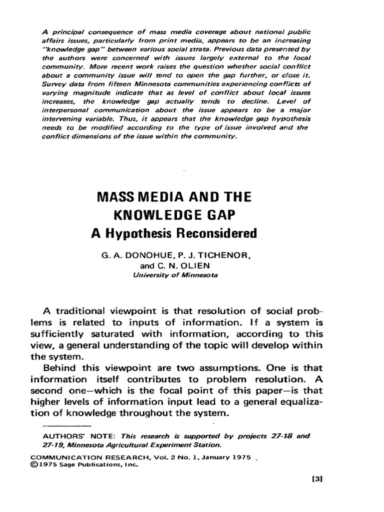 Mass Media and the Knowledge Gap: A Hypothesis Reconsidered | PDF | System | Correlation And ...