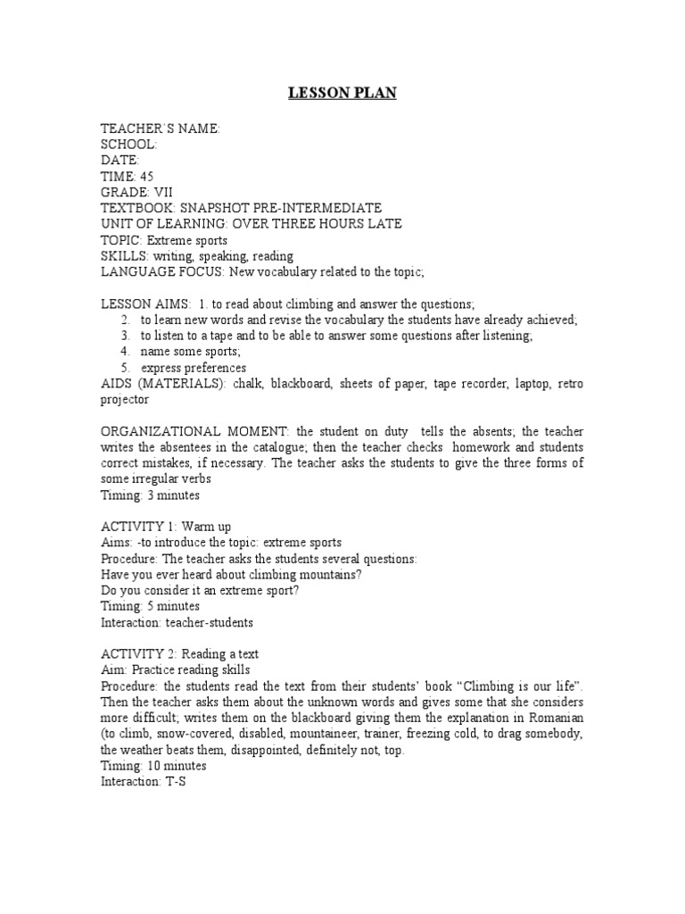 Extreme Sports Lesson Plan: Developing Reading, Writing, Listening and Speaking Skills through a ...