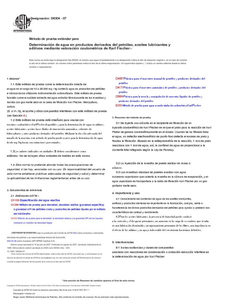 ASTM D6304-07 AGUA POR KARL FISCHER ALTO RANGO - En.es | PDF ...