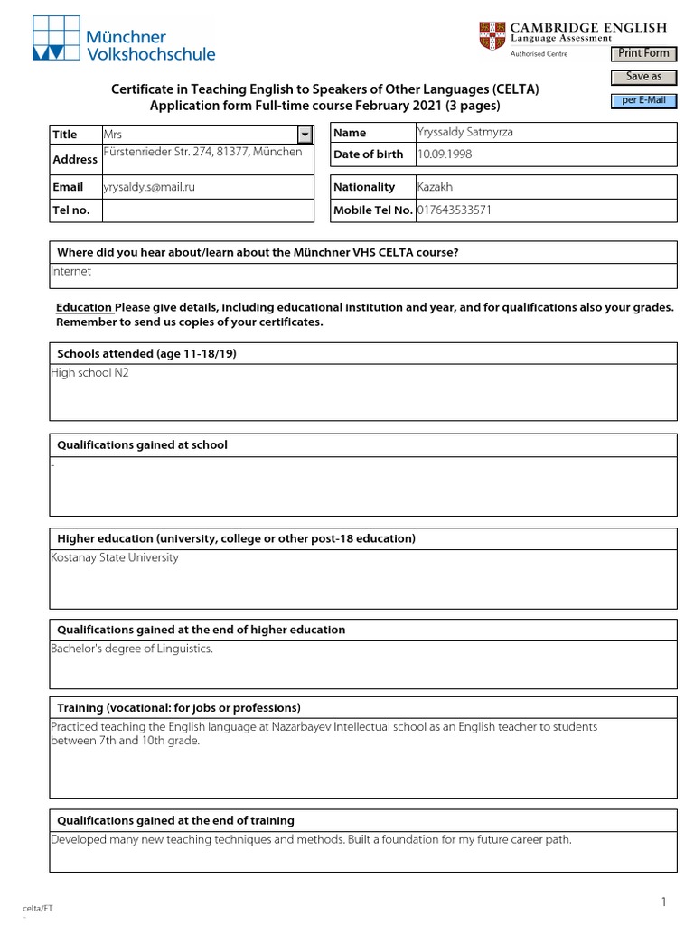 CELTA Application Form | PDF | English As A Second Or Foreign Language ...