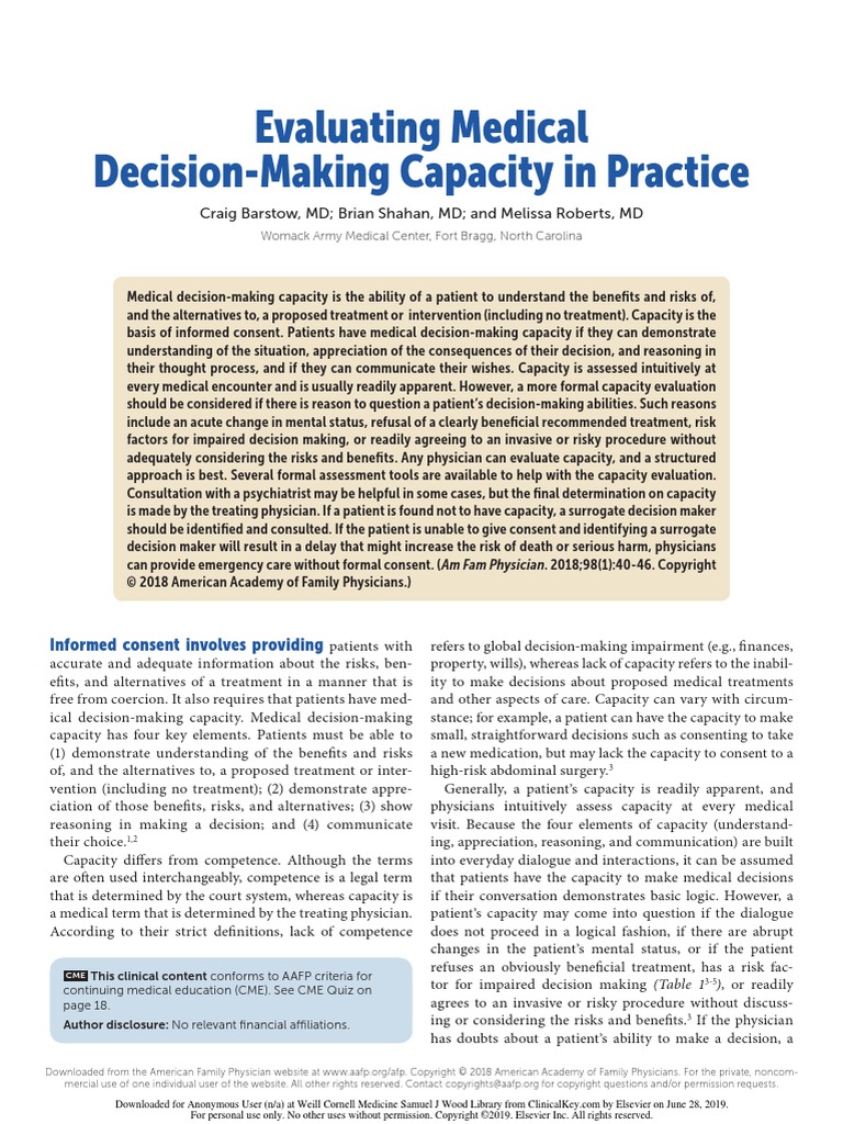 Evaluating Medical Decision-Making Capacity in Practice: Informed ...