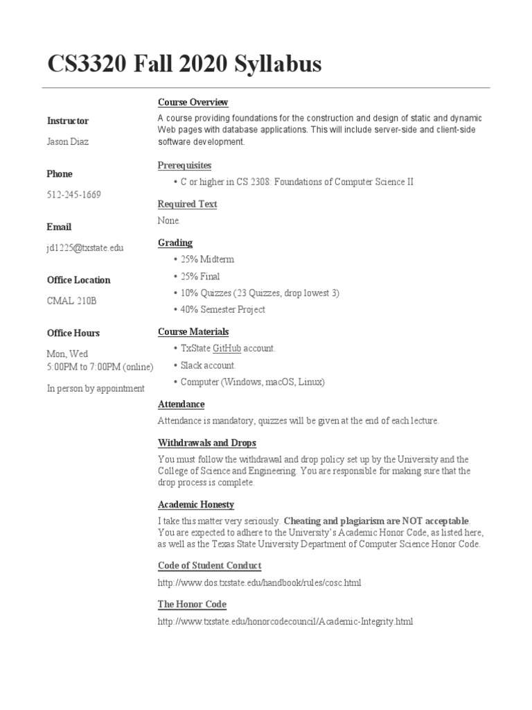 Syllabus - CS3320 Section 001 Fall 2020 | PDF | Representational State ...