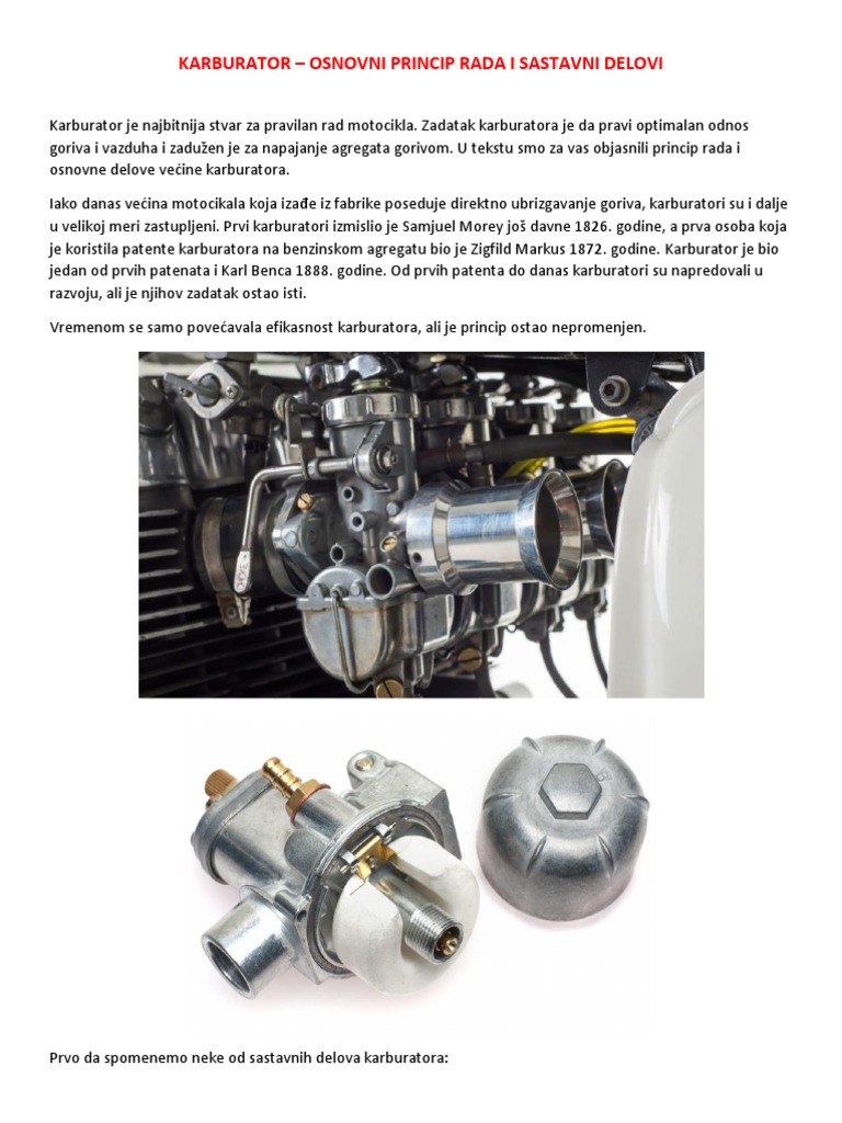 Karburator - Osnovni Princip Rada I Sastavni Delovi | PDF