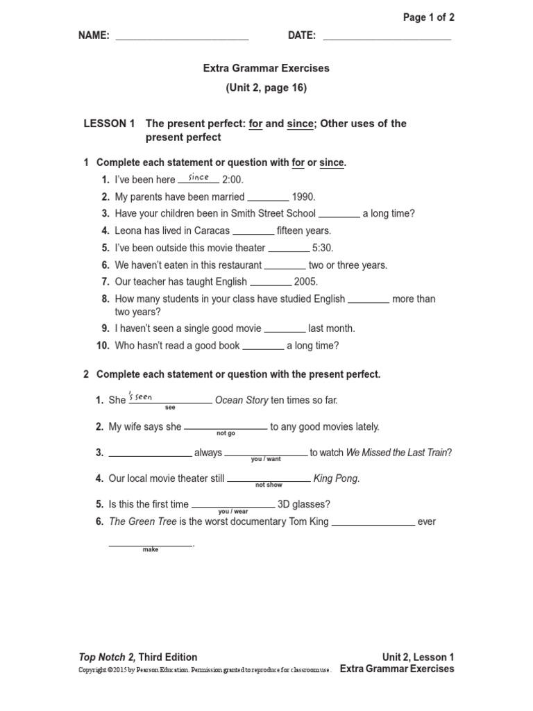 Extra Grammar Exercises (Unit 2, Page 16) : Top Notch 2, Third Edition | PDF | Further Education