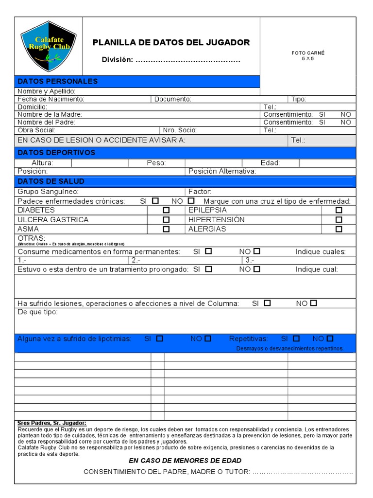 Planilla de Datos Del Jugador | PDF | Alergia | Enfermedades y ...
