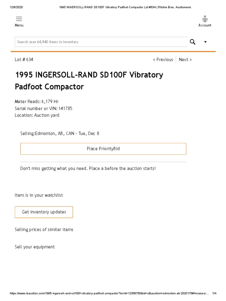 1995 INGERSOLL-RAND SD100F Vibratory Padfoot Compactor Lot #634 ...