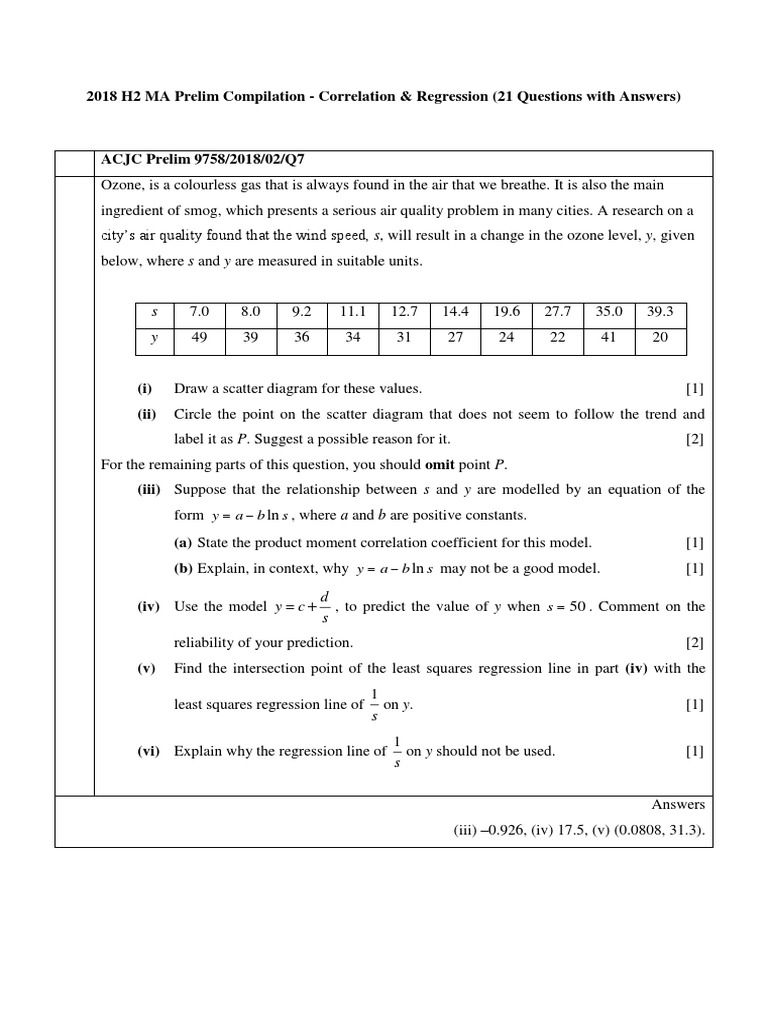2018 H2 Prelim Compilation (Correlation Regression) | PDF | Regression Analysis | Correlation ...