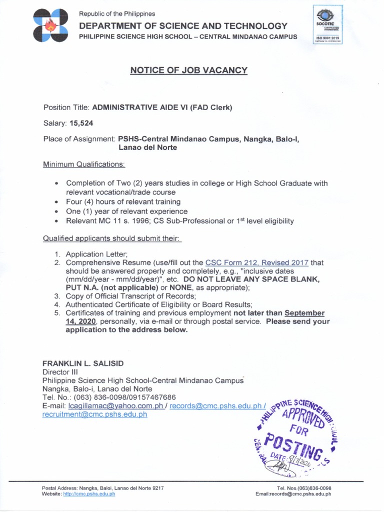 Notice of Job Vacancy ADMIN AIDE VI 1 | PDF