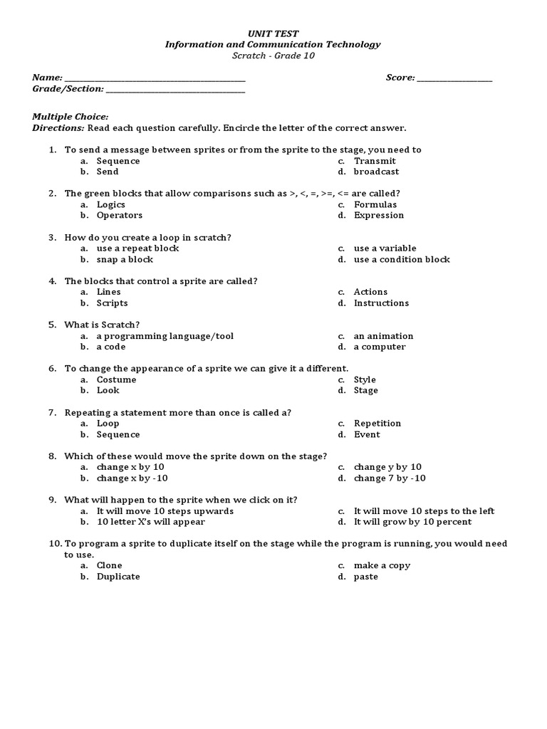 Grade 10 Scratch Quiz | PDF