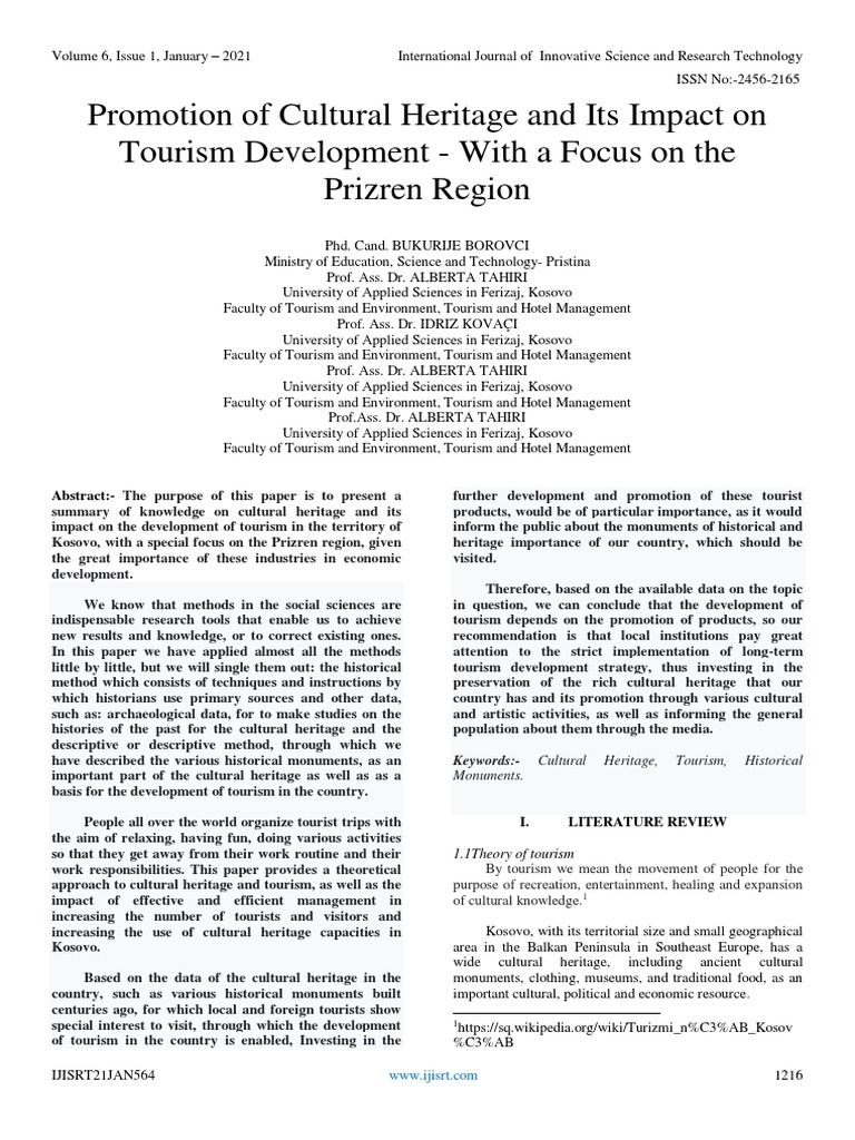 Promotion of Cultural Heritage and Its Impact On Tourism Development ...