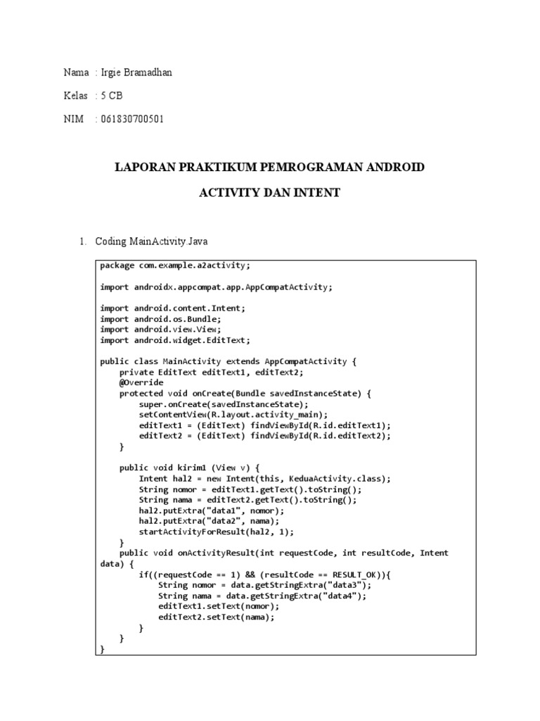 Laporan Praktikum Pemrograman Android Activity Dan Intent (Irgie Bramadhan 5CB) | PDF | Android ...