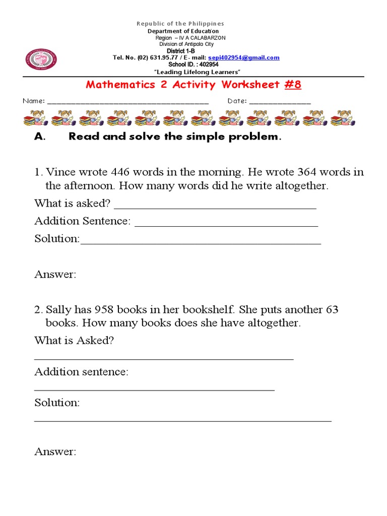Work Sheet Grade 2 Math Week 9 | PDF