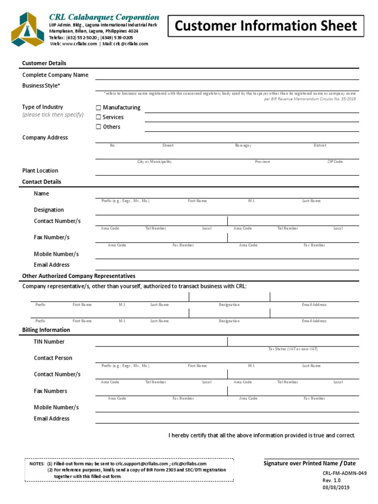 Customer Information Sheet Template | PDF | Fax | Payments