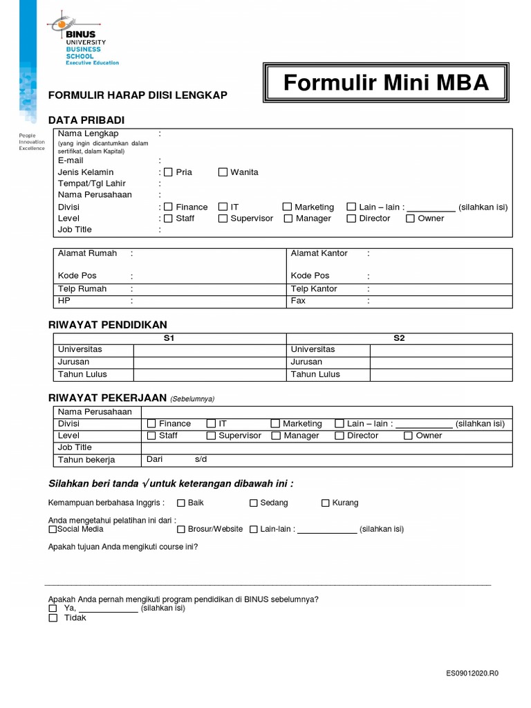 Formulir Pendaftaran Mini MBA | PDF | Karier & Perkembangan