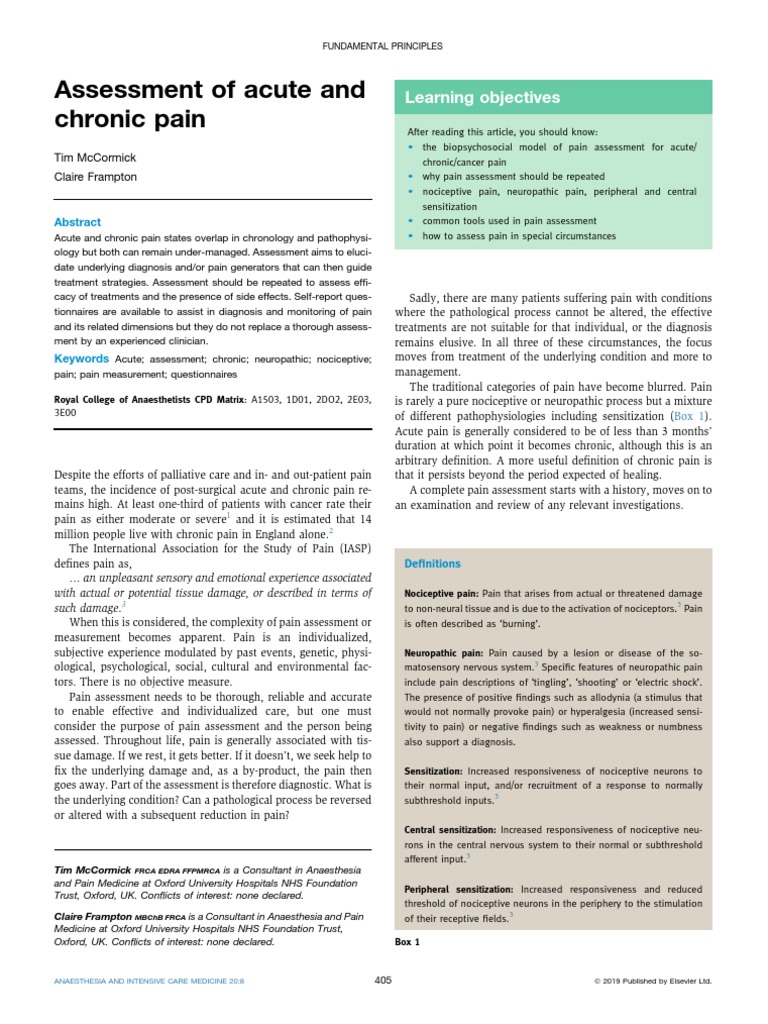 Assessment of Acute and Chronic Pai 2019 Anaesthesia Intensive Care ...