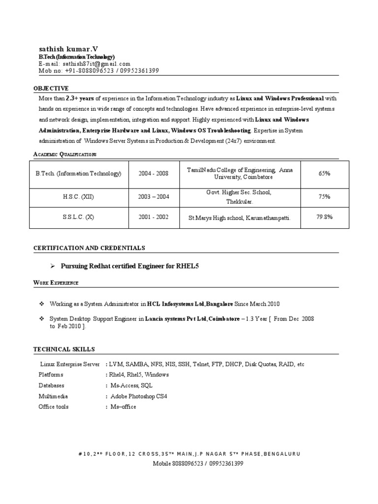 Sathish Linux Resume | PDF | Linux | Operating System