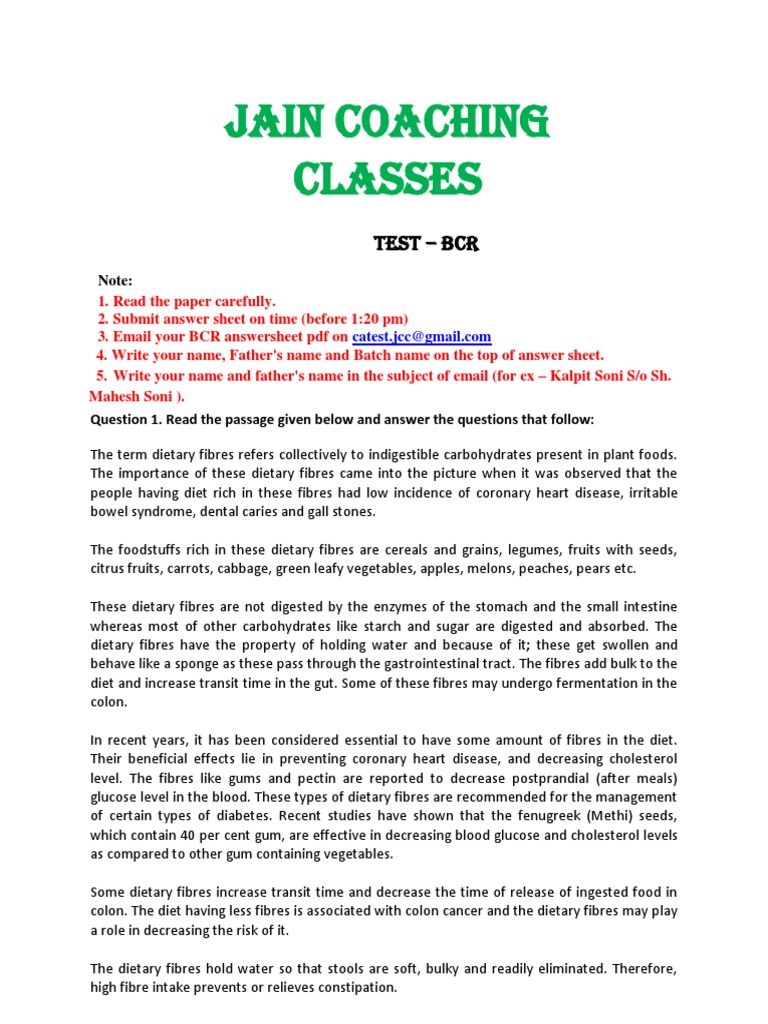 BCR Test | PDF | Dietary Fiber | Diet & Nutrition