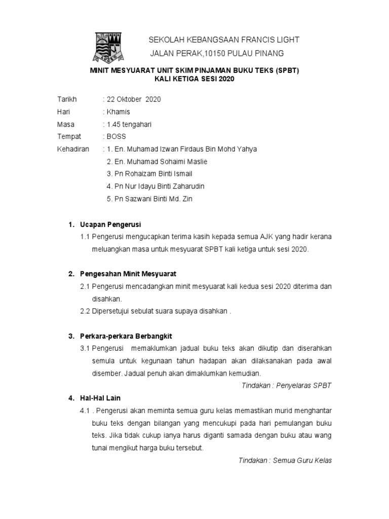 Minit Mesyuarat Ketiga Unit SPBT SKFL 2020 | PDF
