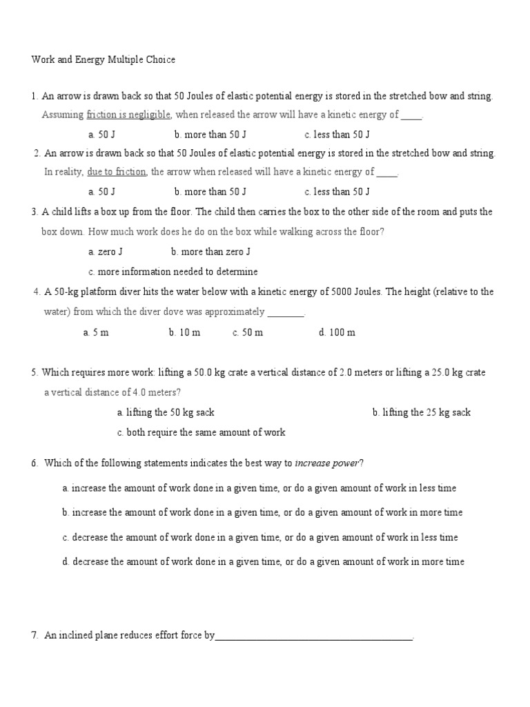 Work and Energy Multiple Choice | PDF | Potential Energy | Bow And Arrow