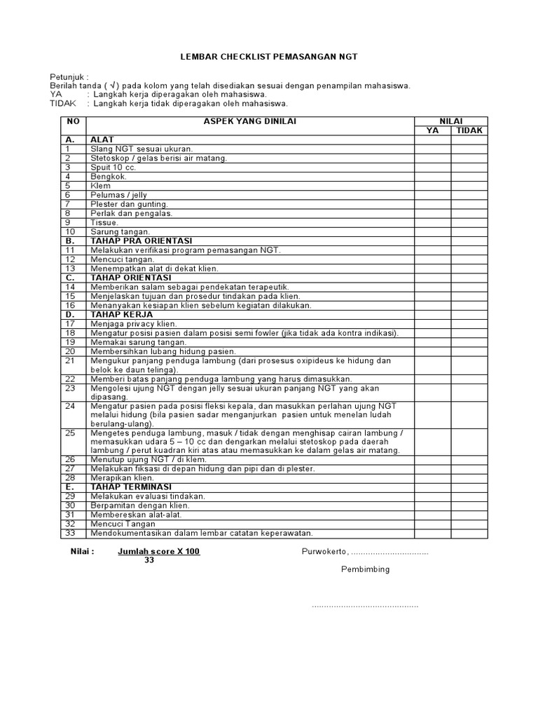 Lembar Checklist Pemasangan NGT | PDF