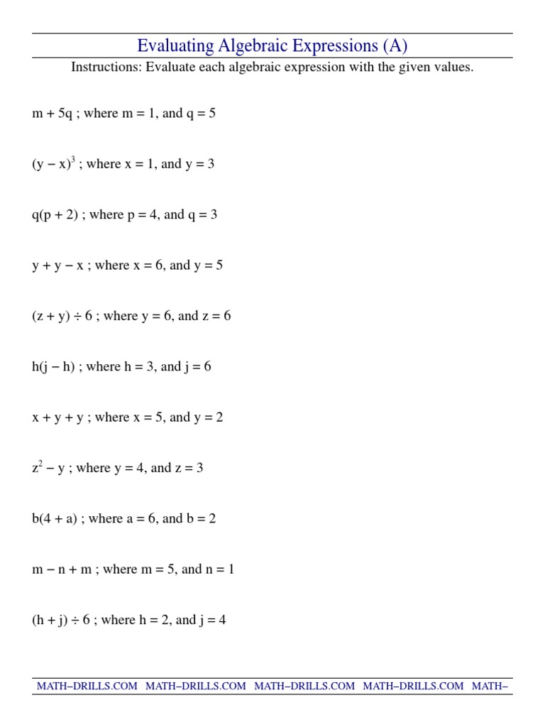Evaluating Algebraic Expressions Guide | PDF