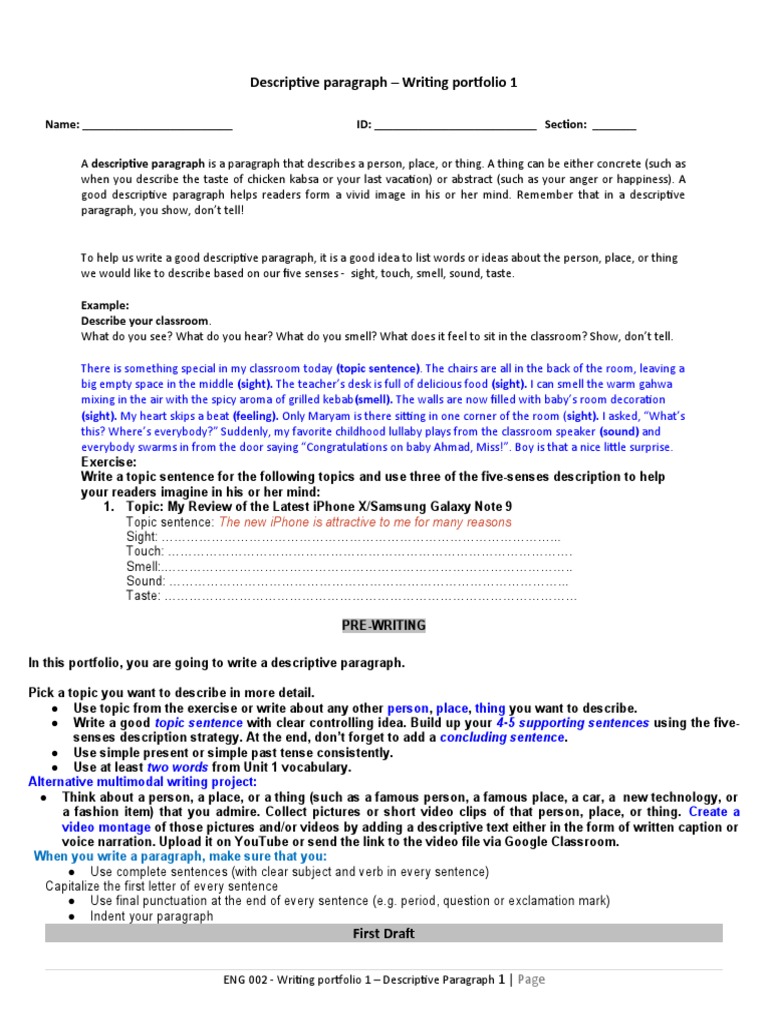 Descriptive Paragraph - Writing Portfolio 1 | PDF | Paragraph | Classroom