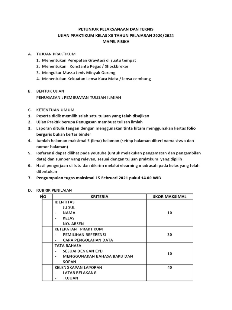 Petunjuk Pelaksanaan Dan Teknis Ujian Praktek Fisika | PDF