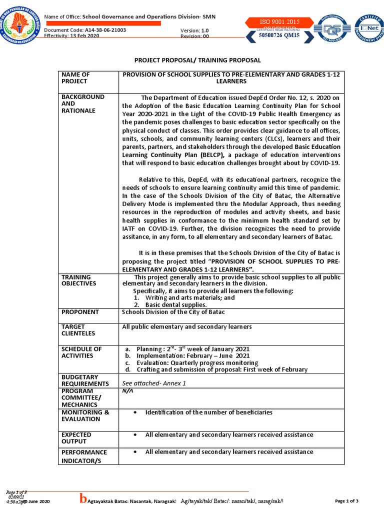 School Supplies Project Proposal 2021 | PDF | Business