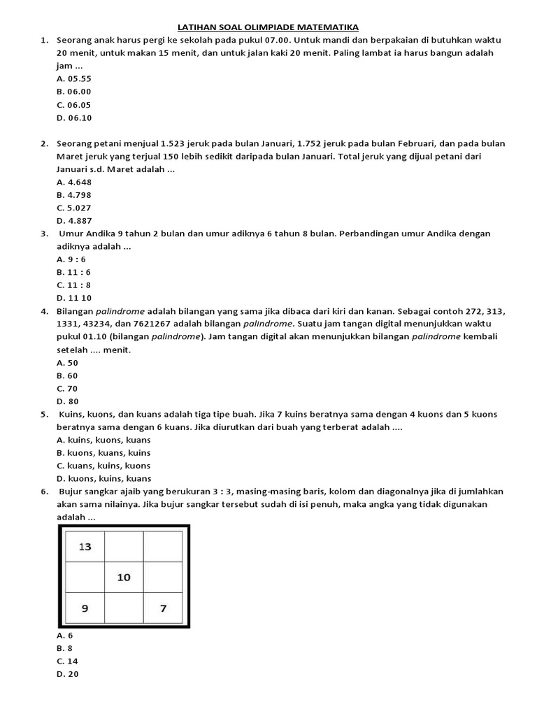 Soal Matematika Olimpiade Sekolah Dasar | PDF