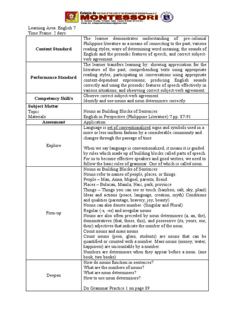 Lesson Plan 1 - Nouns As Building Blocks of Sentences | Download Free ...