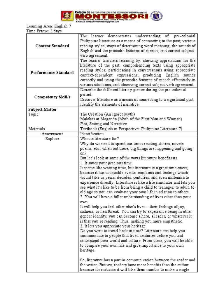 Lesson Plan 1 - The Creation, Malakas at Maganda | PDF | Narrative ...