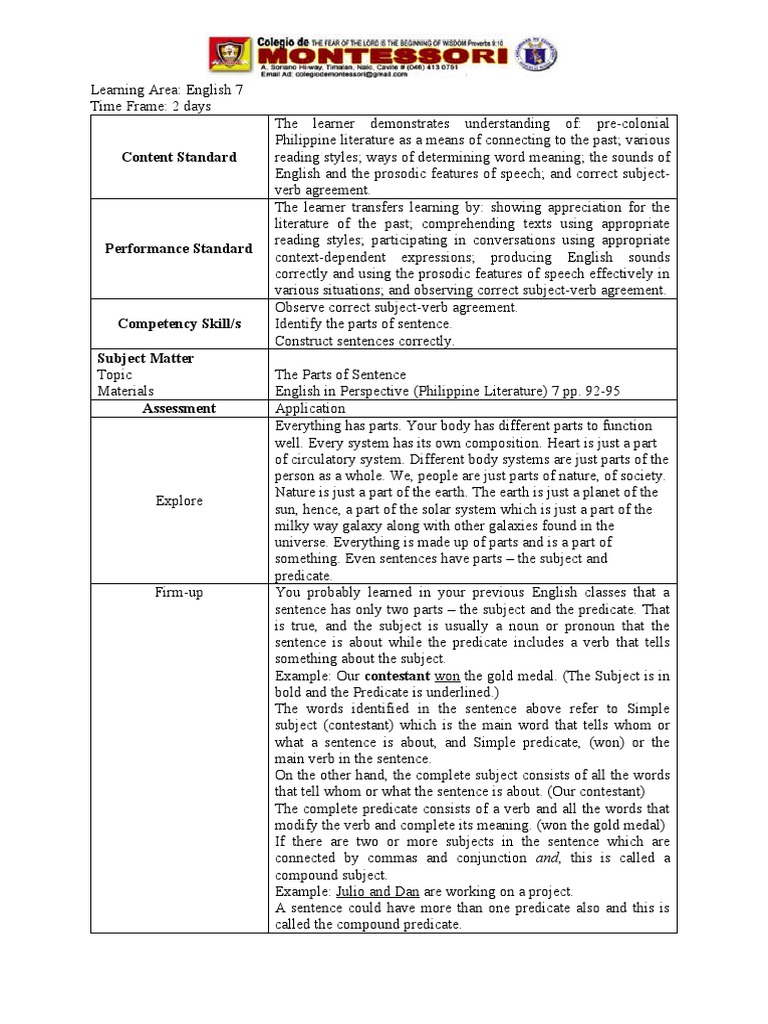 Lesson Plan 2 - Parts of Sentence | PDF | Subject (Grammar) | Predicate ...