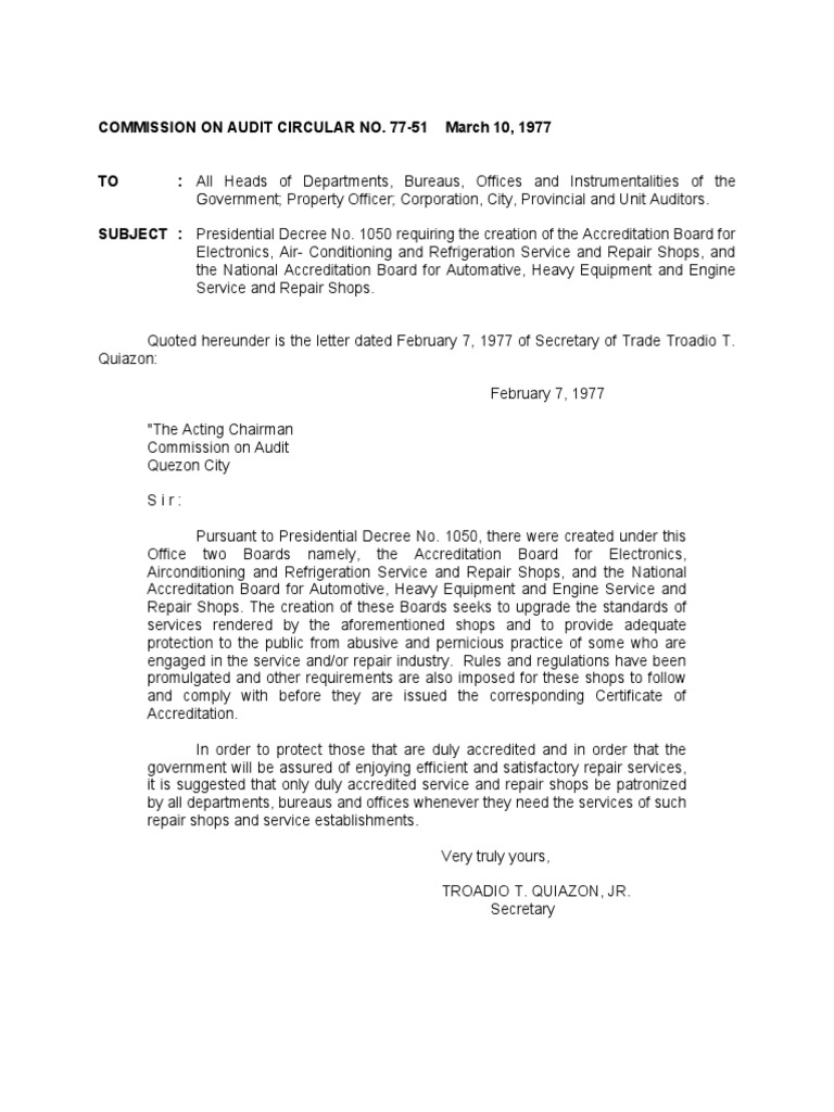 Commission On Audit Circular No. 77-51 March 10, 1977 | PDF | Audit ...