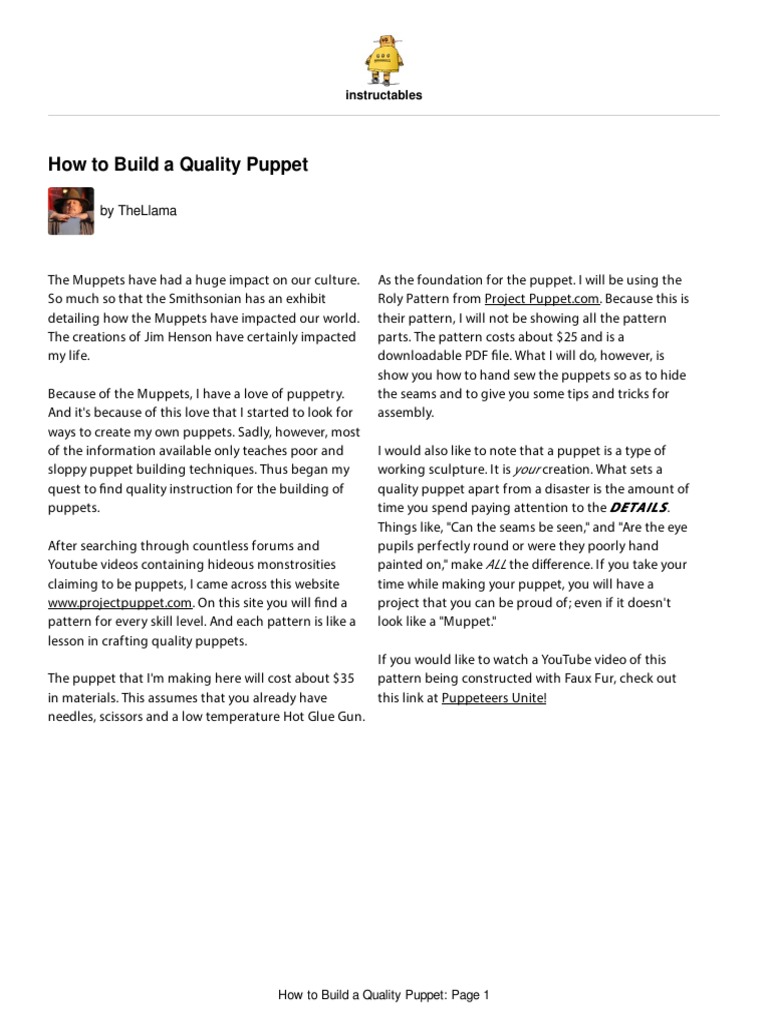 How To Build A Quality Puppet Pdf Seam Sewing Puppets