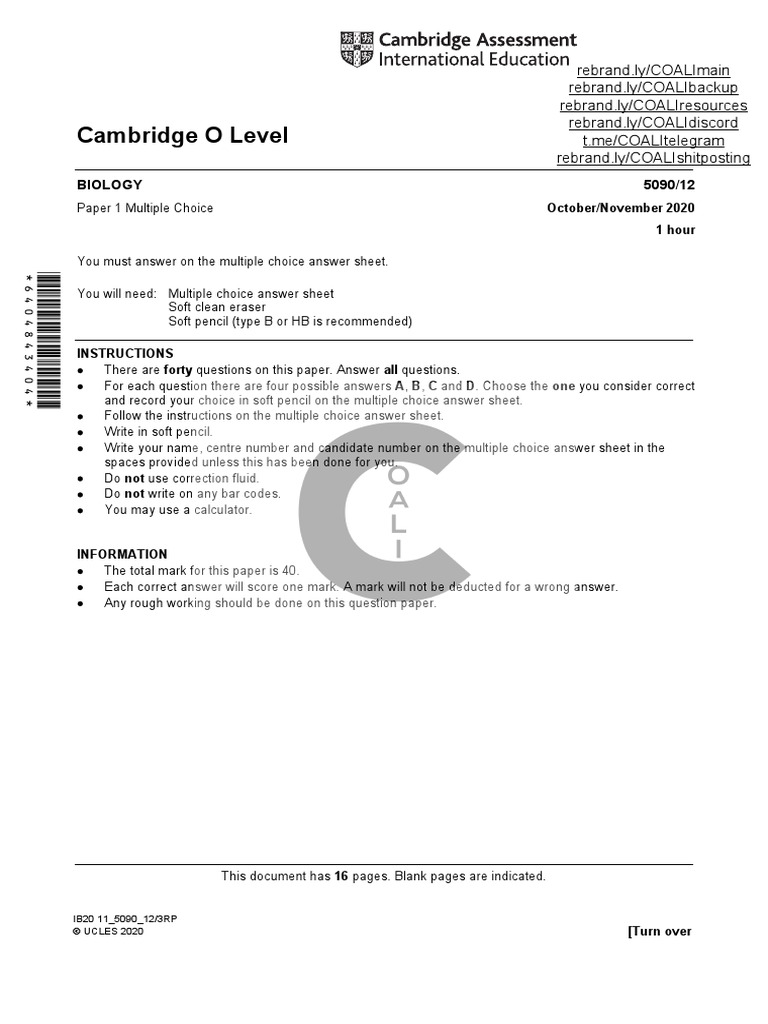 O LEVEL BIOLOGY O/N 2020 PAPER 12 (5090 - w20 - QP - 12) | PDF ...