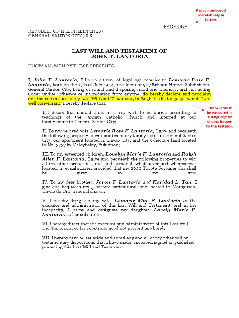 Sample Notarial Will of John T. Lantoria | PDF | Will And Testament ...