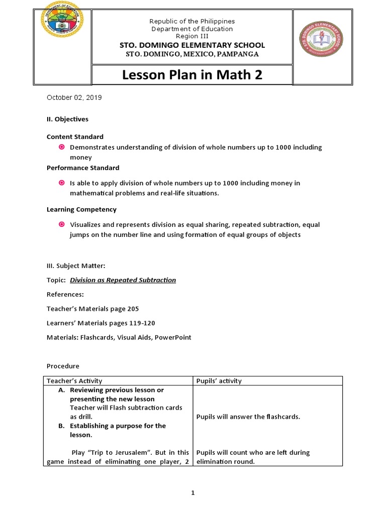 Lesson Plan in Math 2: Sto. Domingo Elementary School | PDF | Flashcard ...