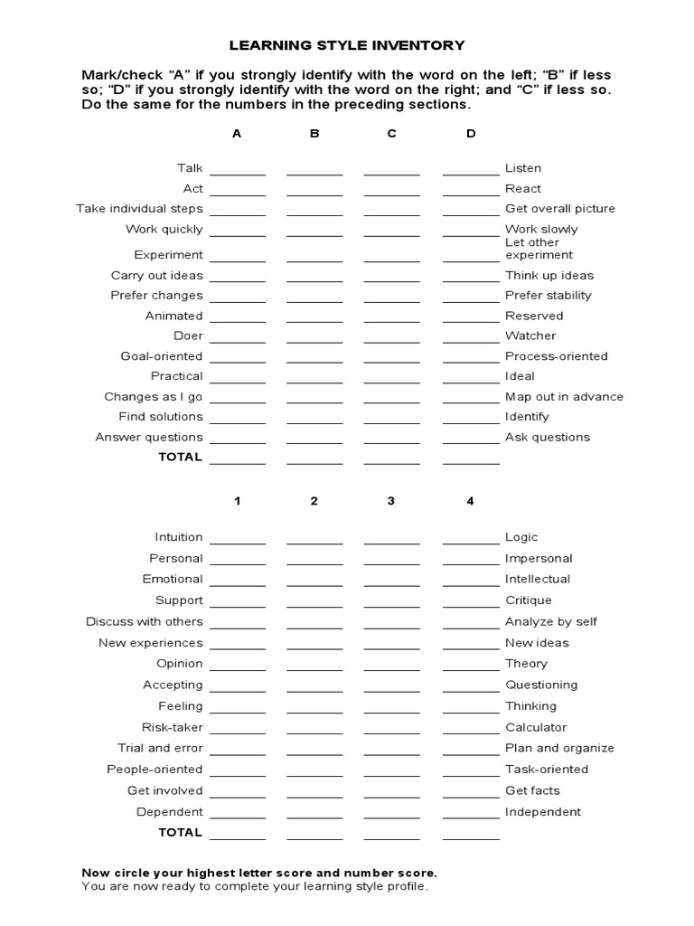 Kolb's Learning Style Inventory Activity | PDF | Learning Styles ...
