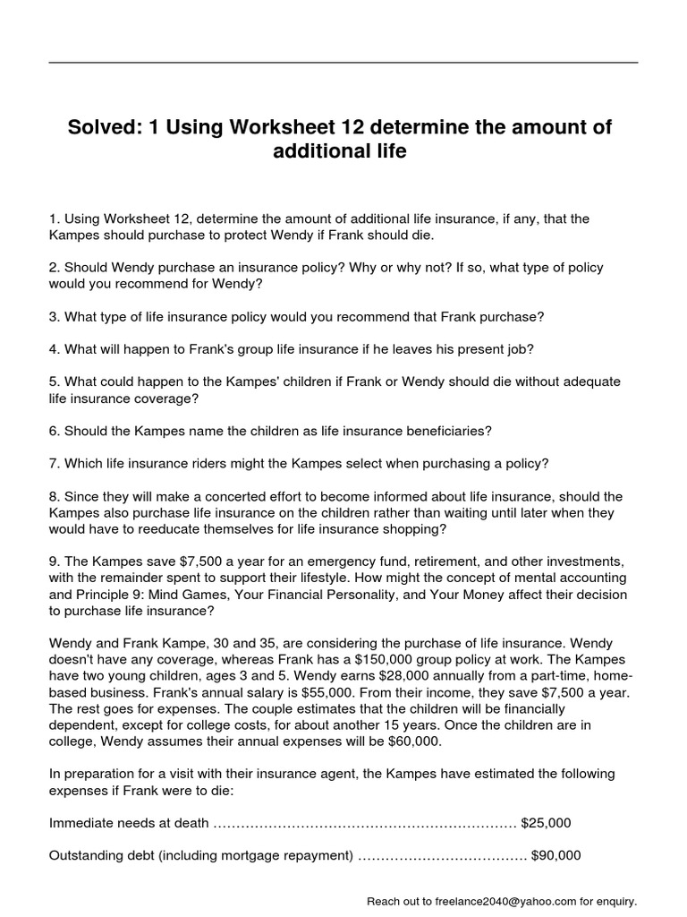 1 Using Worksheet 12 Determine The Amount of Additional Life | PDF ...