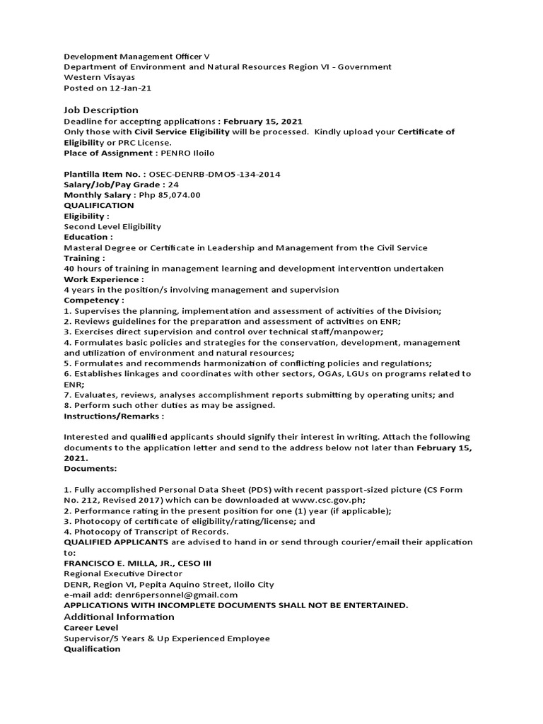 DENR Development Management Officer V Job | PDF | Academic Degree | Labour